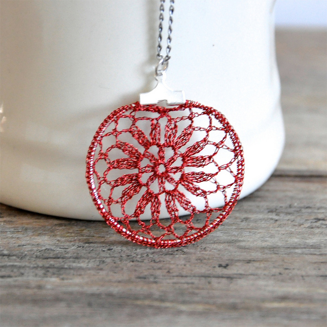 Small Delicate Crochet Lace Pendant In Red on Luulla